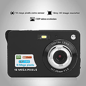 8X Zoom Card Digital Camera, Portable 18 MP 2.7in 1280x720 Full HD LCD Display CMOS Auto Focusing Pocket Camera Support 32GB Memory Card, for AdultSeniorsKids (Black)