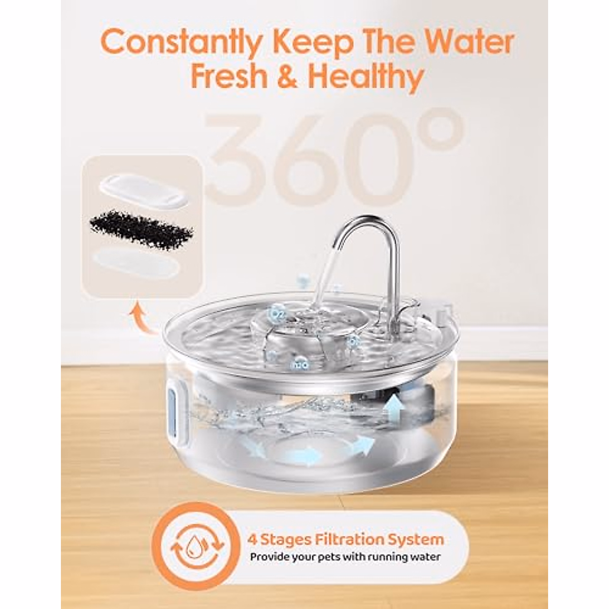 Cat Water Fountain, 3.2L/108oz Upgraded Stainless Steel Pet Water Fountain for Cats Inside Drinking, Automatic Dog Cat Water Bowl Dispenser with Water Level Window