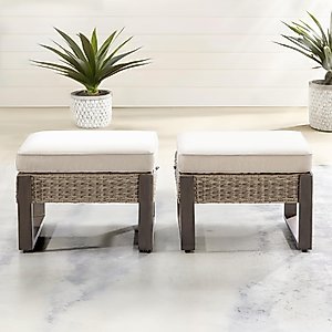 Gardenbee 2 Pieces Outdoor Patio Ottoman, All-Weather PE Rattan Ottomans Footstools with Removable Cushions & Anti-Rust Steel Frame Legs for Garden Backyard Porch Deck, Beige
