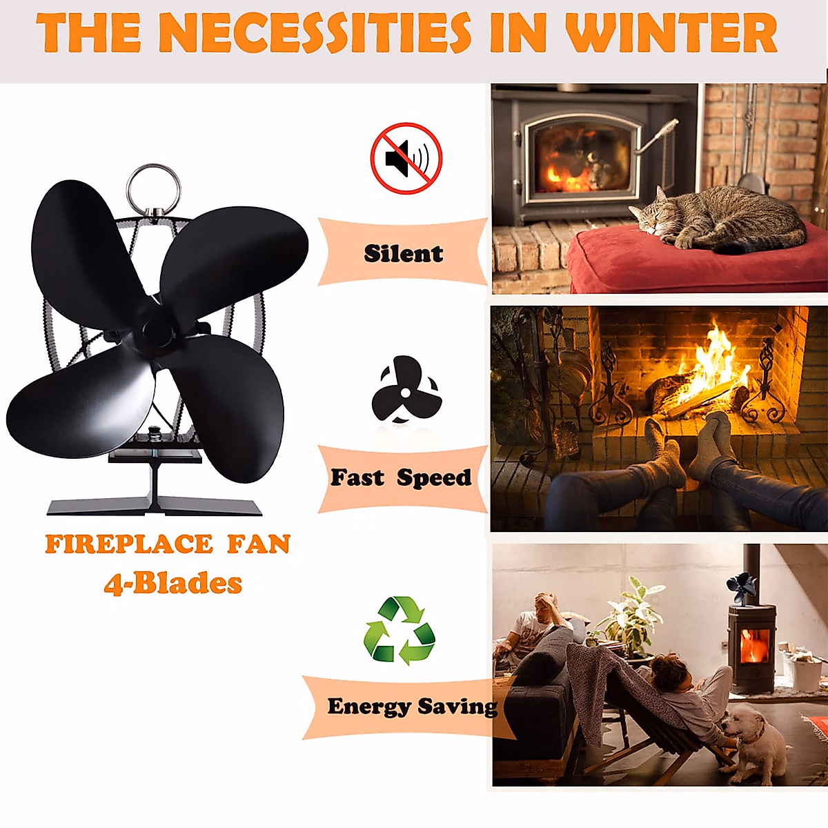 ZapaEsti Wood Stove Fan 4 Blades Silent Operation Wood/Log Burner/Fireplace
