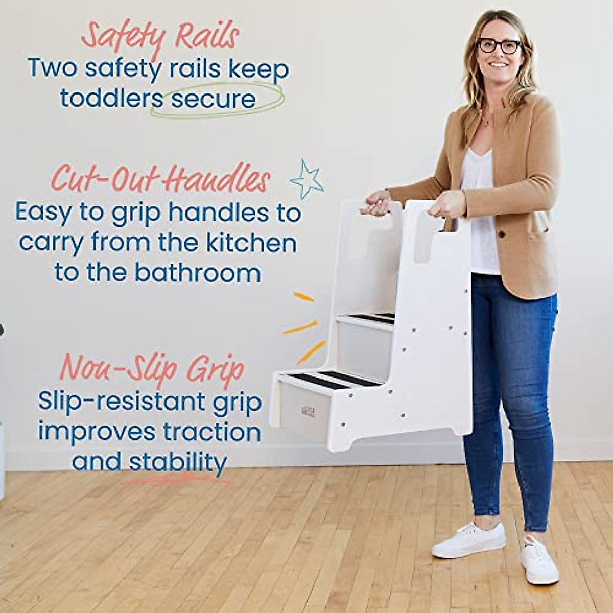 ECR4Kids Reach-Up Step Stool with Handles, Children's Furniture, White Wash