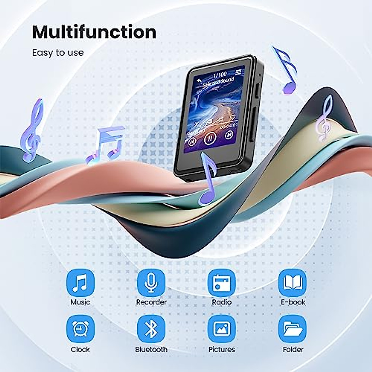 ZOOAOXO 128GB MP3 Player Bluetooth 5.2 with 2.4" Full Touch Screen,Portable Music Player with Speaker, HiFi Sound Quality, E-Book, Alarm Clock, Radio, Voice Recorder, Headphones Included