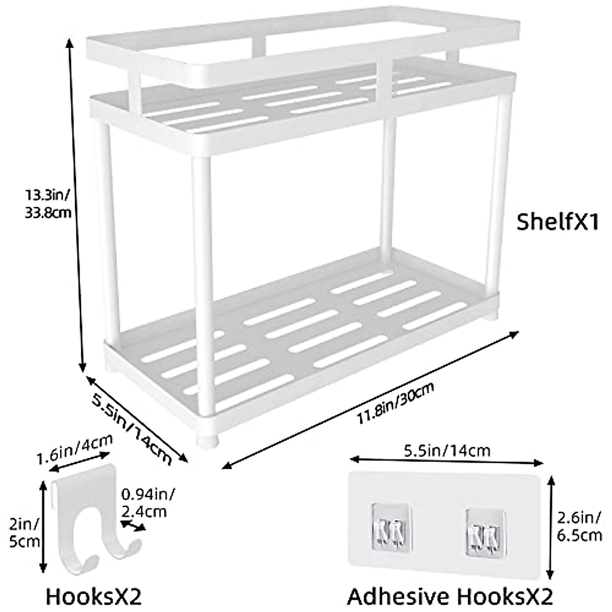 FLE Under Sink Organizer, 2 Tier Metal Under Bathroom Sink Storage Baskets with Hooks, Self Adhesive White Under Sink Shelf Organizer for Bathroom Kitchen