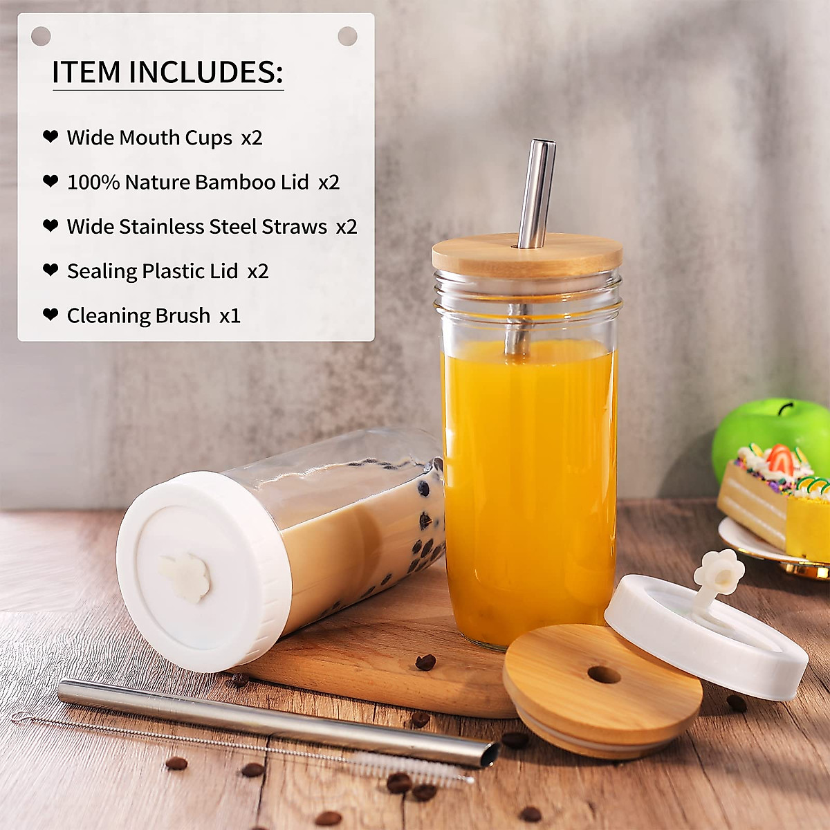 RENYIH 2 Pack 24oz Glass Cups with Bamboo Lids & Straws & 2 Airtight Lids - Reusable Glass Smoothie Cup, Iced Coffee Glasses,Travel Glass Tumbler for Milkshakes,Juice