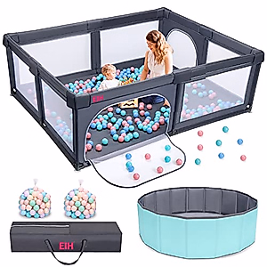 EIH 79 Inch x 59 Inch Large Baby Playpen with Ocean Ball Pit & 100PCS Balls Play Yard for Babies and Toddlers Indoor and Outdoor Kids Activity Center, Dark Grey