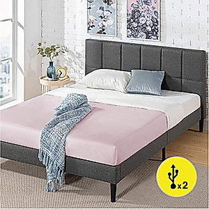ZINUS Lottie Upholstered Platform Bed Frame with Short Headboard and USB Ports / Mattress Foundation / Wood Slat Support / No Box Spring Needed / Easy Assembly, Grey, Queen