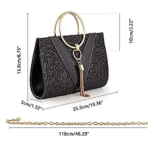JURLEA Women Evening Bag Tassels Clutch Bag Glitter Clutch Purse Wedding Party Black Clutch with Chain (Black - Glitter)