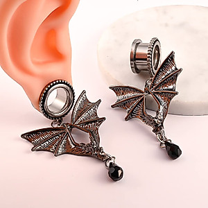 DOEARKO 2PCS Bat-Pendant Hypoallergenic Stainless Steel Dangle Ear Plugs Tunnels Gauges Stretcher Piercing Body Jewelry (12mm(1/2"), Silver)
