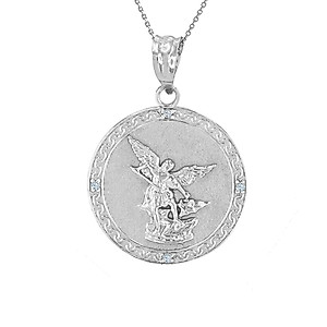 .925 Sterling Silver Saint Michael The Archangel Cubic Zirconia Medal Pendant (1"), 18"