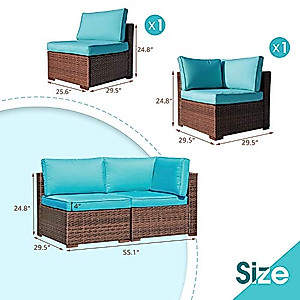 OC Orange-Casual 2 Piece Patio Sectional Furniture Set Outdoor Armchair & Middle Sofa with Brown Wicker & Turquoise Cushion for Backyard, Poolside, Garden