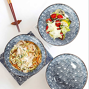 Houlu 60 oz Pho Bowls, Large Soup Bowl, Japanese Ramen Bowl Set, 8 inches Big Porcelain Bowls Set of 3, Wave Pattern