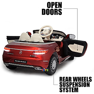 Americas Toys Kids Car with Mp4 Touchscreen, Bluetooth, Remote Control, Leather Beige Seat – Electric Car One Seater with Open Doors, 5 points Safety Belt, Compatible with Mercedes Maybach Painted Red