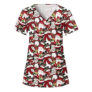 Womens Christmas Tops Plaid Vintage Sweatshirts Tops Fall Outfits for Women 2023 Cute Trendy Scrubs Short Sleeve V Neck with Pockets Pullover Family Snowman Shirts Multicolor 3XL