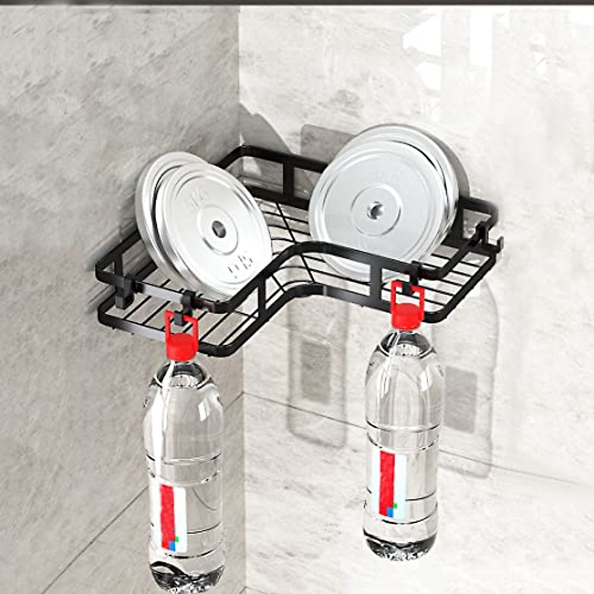 Takeberny 2PCS Corner Bathroom Shower Shelf, no drill corner shower shelf, Stainless Steel Shower Stand with 4 Hooks, Bathroom Stand without Drilled Holes, for Bathroom Storage (White)