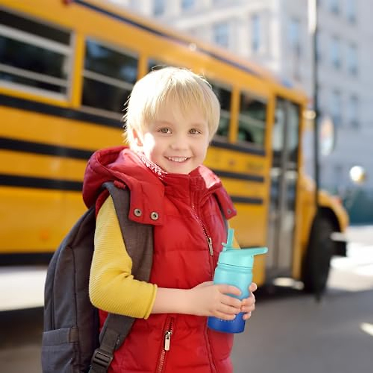 Mininoo Insulated Kids Water Bottle, 12 oz Stainless Steel Water Bottle Kids with Straw Lid and Chug Lid for Girls, Boys (Sky/Blue)