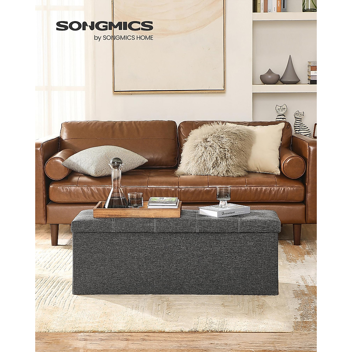 SONGMICS Ottoman Storage Bench, 35 Gal. Folding Chest with Breathable Linen-Look Fabric, Holds 660 lb, for Entryway, Living Room, Bedroom, Dark Gray ULSF077G04