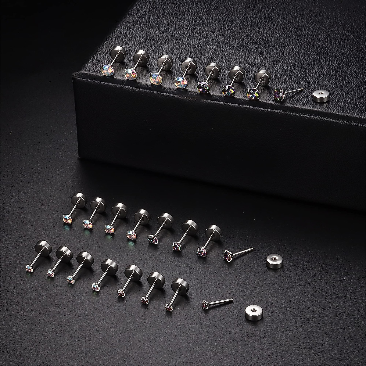 JOERICA 12Pairs 20G Stainless Steel CZ Stud Earrings for Women Men Cartilage Helix 2mm Stud Earrings Set Round Cubic Zirconia Screw Flat Back Stud Ear Piercing