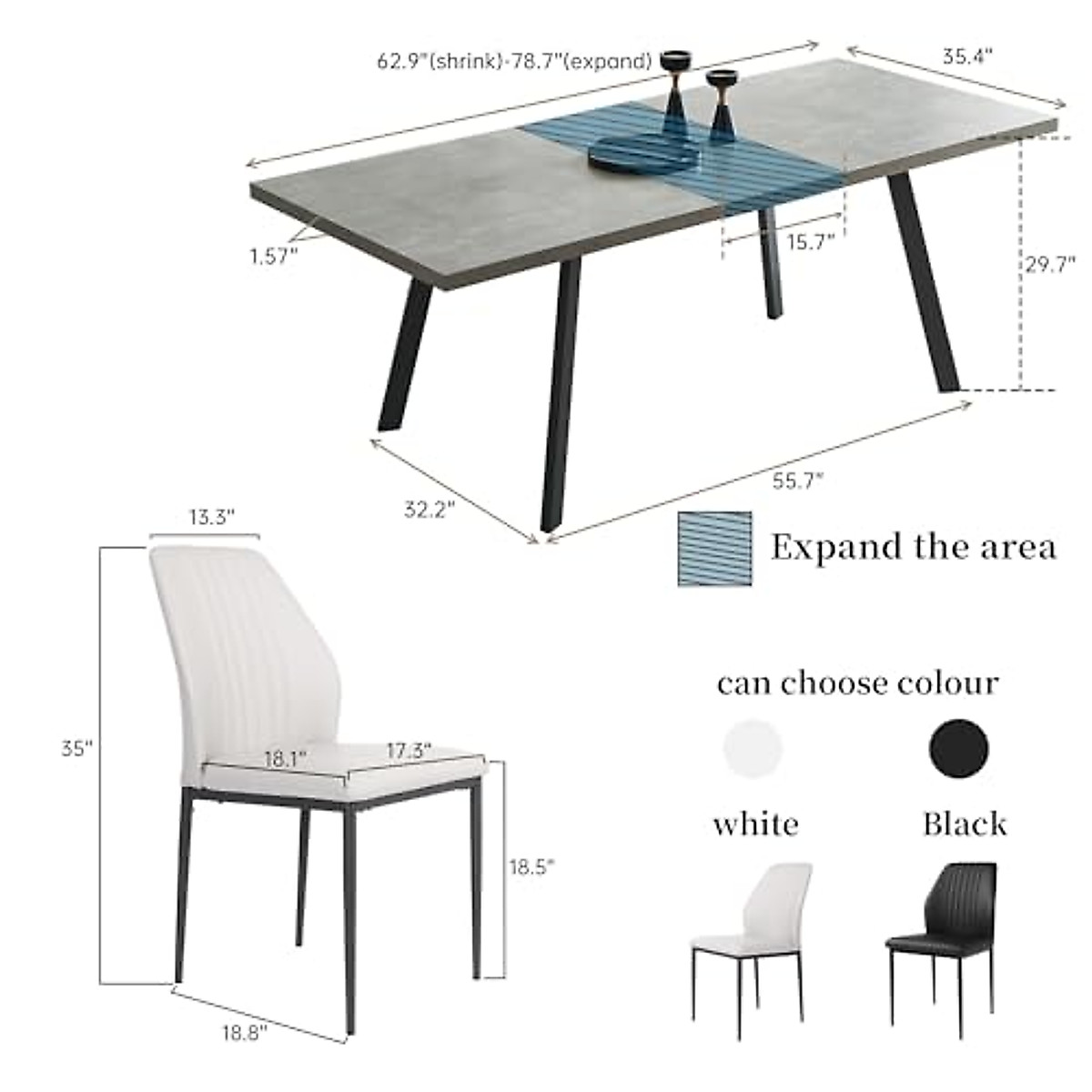 Zerifevni 7 Piece Dining Table Set, 62 Inch Modern Kitchen Table with 6 Dining Chairs for 4-6 Person, Expandable MDF Dining Table with Steel Legs for Dining Room, Kitchen, Save Space