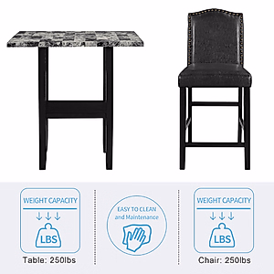 XD Designs 5 Piece Dining Set for Dining Room Wood Marble Veneer Dining Table with Bottom Shelf 4 PU Leather Chairs WNail Head Trim Small Spaces Gray Grey