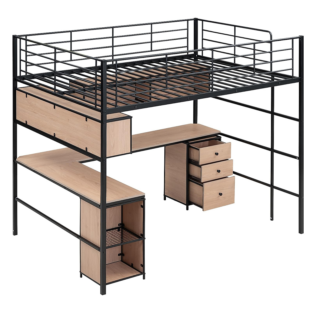 Harper & Bright Designs Full Size Metal Loft Bed with Desk, Bookcase and Storage Cabinet, Modern Heavy-Duty Steel Frame, for Kids Teens Adults (Black)
