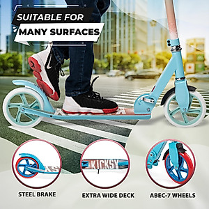 Kicksy - Kick Scooter for Kids Ages 8-12 & Scooter for Teens 12 Years and Up- Big Wheel Scooter for Stability - 2 Wheel Scooter for Boys & Girls- Foldable Kick Scooter Adult - Up to 220 lbs Miami