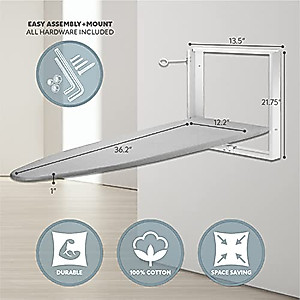 Bartnelli Premium Wall Mounted Ironing Board | Foldable Iron Board Station for Home, Dorm, Apartment & Small Spaces Easy-Release Lever, Cotton Cover & All Tools Included Easy Assembly (Size - 36x12”)