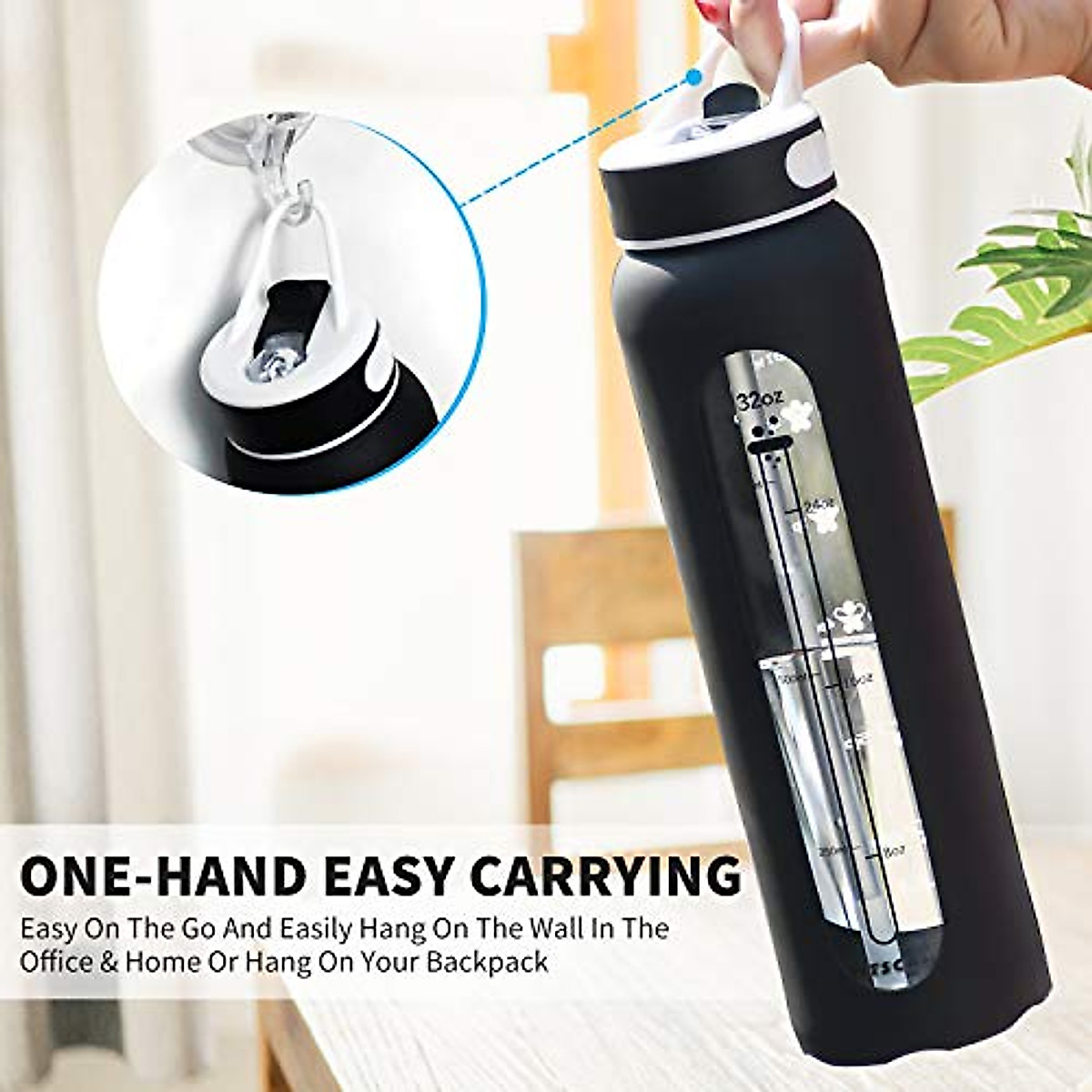 32 Oz Glass Water Bottle with Straw & Silicone Sleeve 100% BPA Free Borosilicate Glass Water Bottle, 1L Wide Mouth Leakproof Lids Motivational Time & Ounce Marker Ensure Track H2o Goal