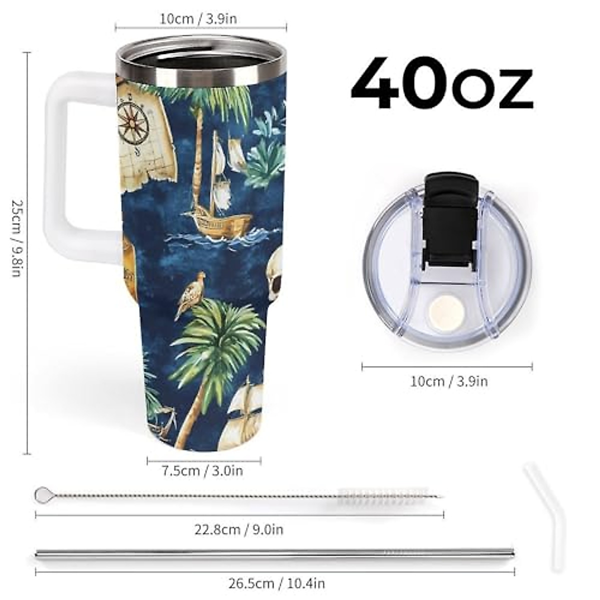 Skull Sailing Ship Parrot Coconut Tree 40oz Water Bottle Double Wall Insulated Tumbler with Handle Leakproof Travel Mug White-style