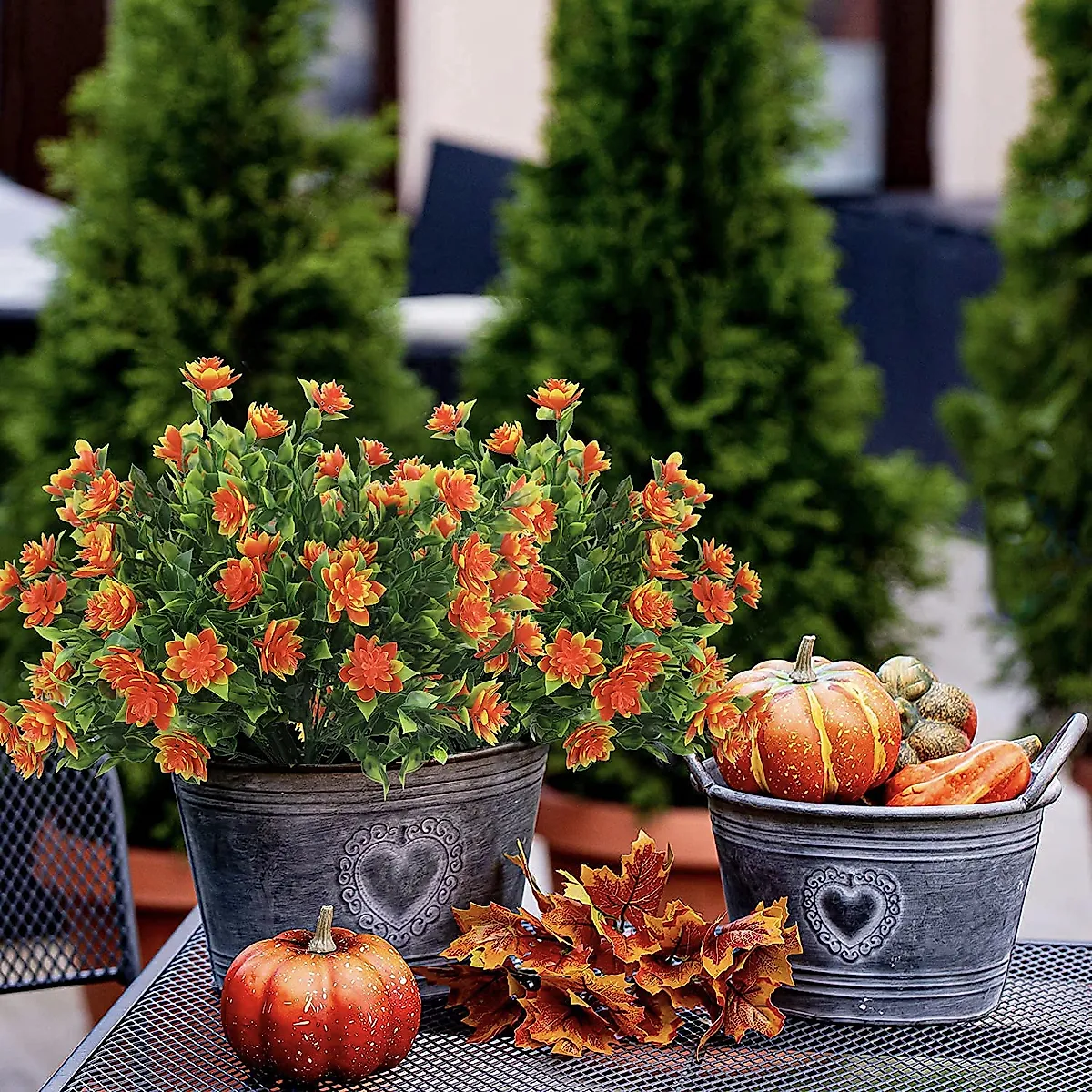 Rinlong 6Pcs Artificial UV Resistant Flowers Outdoor Fake Mums Plants Orange Plastic Flowers Plants Faux Flowers Fall Decor for Clearance Outdoor