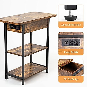 End Table with Charging Station, Narrow Side Table with USB Ports and Outlets, Flip Top Nightstand / Bedside Table / Sofa Couch Table for Small Spaces / Slim End Table for Living Room Bedroom Office