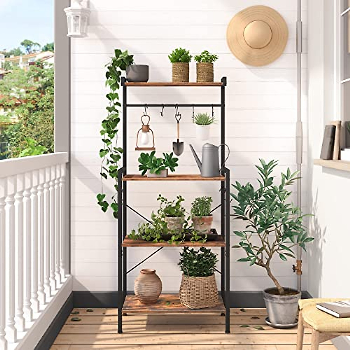 HOOBRO Bakers Rack for Kitchen, 4 Tier Microwave Stand with Storage, Multifunctional Baker's Rack with 8 Hooks, Wooden Kitchen Storage Shelf, Stable Metal Frame, Easy Assembly, Rustic Brown BF04HB01