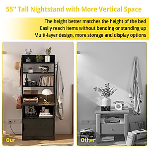 LIKIMIO Nightstand, 55" Tall End Side Table with Charging Station and Storage Cabinet, Small Bookshelf, for Living Room Office Bedroom, Vintage Black