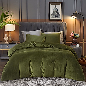 Ivellow Velvet Flannel Duvet Cover King Size Olive Green Comforter Cover Ultra Soft Breathable Cozy Velour Duvet Cover Solid Luxury Bedding Set Zipper Closure Corner Ties
