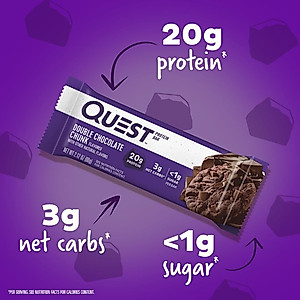Quest Nutrition Double Chocolate Chunk Protein Bars, 20g Protein Bars, 1g Sugar, 4g Net Carb, Gluten Free, Keto Friendly, 12 Count