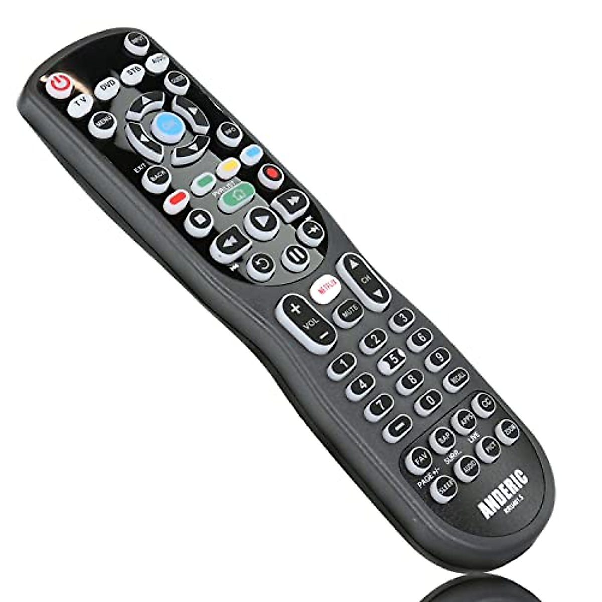 4-in-1, 4-Device IR Universal Remote Control with Macro, Learning, Backlit, Netflix Apps Keys for All TVs, Streaming Players, BluRay Player, Audio, Cable, Roku, Apple TV and More - Anderic RRU401