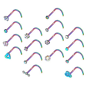 Oyaface 20g(0.8mm) 16PCS Stainless Steel Stud Nose Ring Screw Body Piercings for Women Men (Screw - Rainbow)