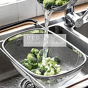 DLD colander stainless steel oval colander with fine mesh 6-quart strainer basket and expandable rubber handle-filter, drain and rinse fruits and vegetables