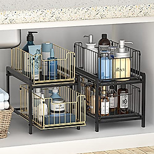 2 Tier Under Sink Organzier, NPPLUS Iron Under Sink Cabinet Organizers With Sliding Drawer, Pull-Out Home Organizer For Bathroom, Kitchen - Black