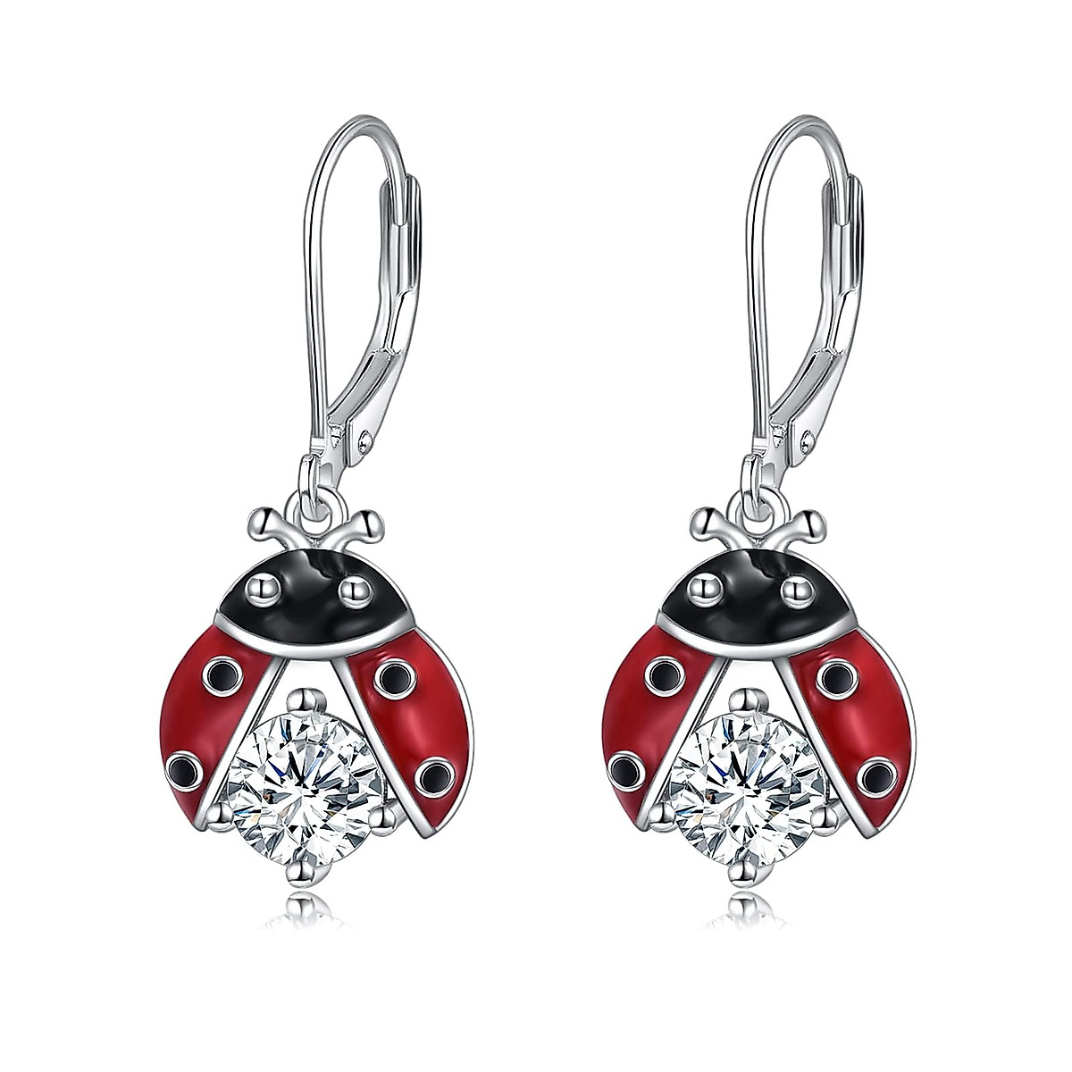 POPLYKE Ladybug Earrings for Women 925 Sterling Silver Ladybug Leverback Earrings Jewelry Ladybug Cubic-Zirconia (Red Ladybug)