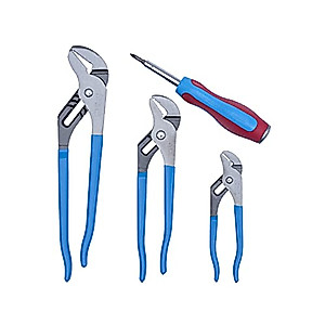 Channellock GS-3S 3 Piece Straight Jaw Tongue and Groove Pliers Set with bonus 6-in-1 CODE BLUE Screwdriver | Laser Heat-Treated 90° Teeth| Forged from High Carbon Steel | Pliers Made in USA