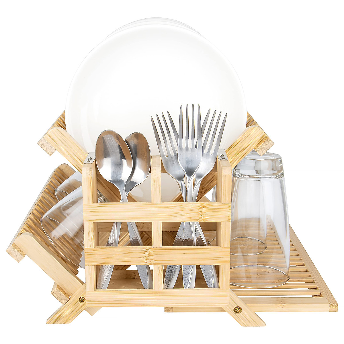 JOEY'Z Bamboo Dish Rack, Collapsible Dish Drying Rack for Kitchen Counter 3 Tier Kitchen Drying Rack (Dishrack with Utensil Holder)