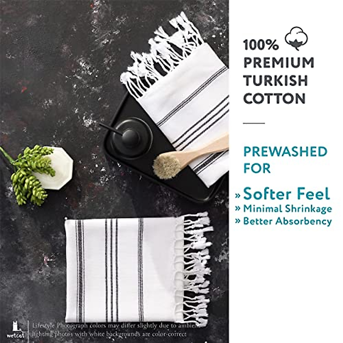 WETCAT Bundle: Turkish Hand Towels (20 x 30, Set of 2) and Turkish Bath Towel (38 x 71) - 100% Cotton, Prewashed for Soft Feel - Black and White Hand Towels & Black Bathroom Towels