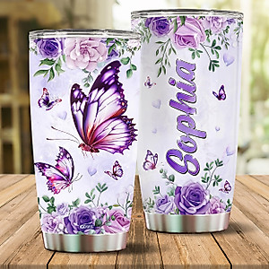 WONWIX Personalized Purple Butterfly Coffee Mugs For Girls Mom Women Adults Butterflies Lovers Water Bottle Travel Mug Mothers Day Birthday Christmas Valentine 20oz Stainless Steel Cup With Lid