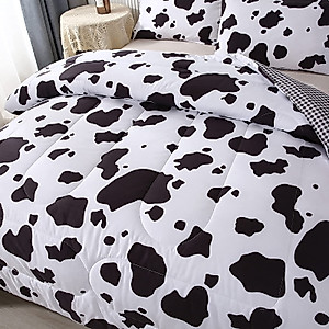 Mengersi Cow Print Bedding Comforter Set King Bed,Black and White Reversible Milk Geometric Checkered Bedding Sets for Kids Boys Aduls Toddler