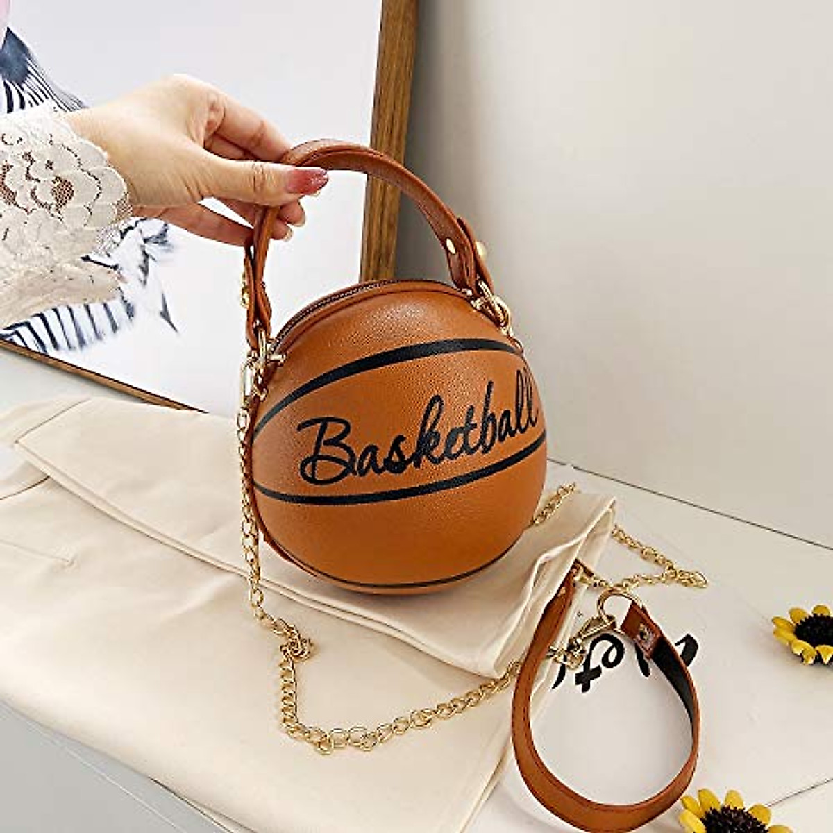 Women Basketball Shaped Cross Body Messenger Bag Purse Tote Mini Shoulder PU Leather Round Handbag for Girls（Brown