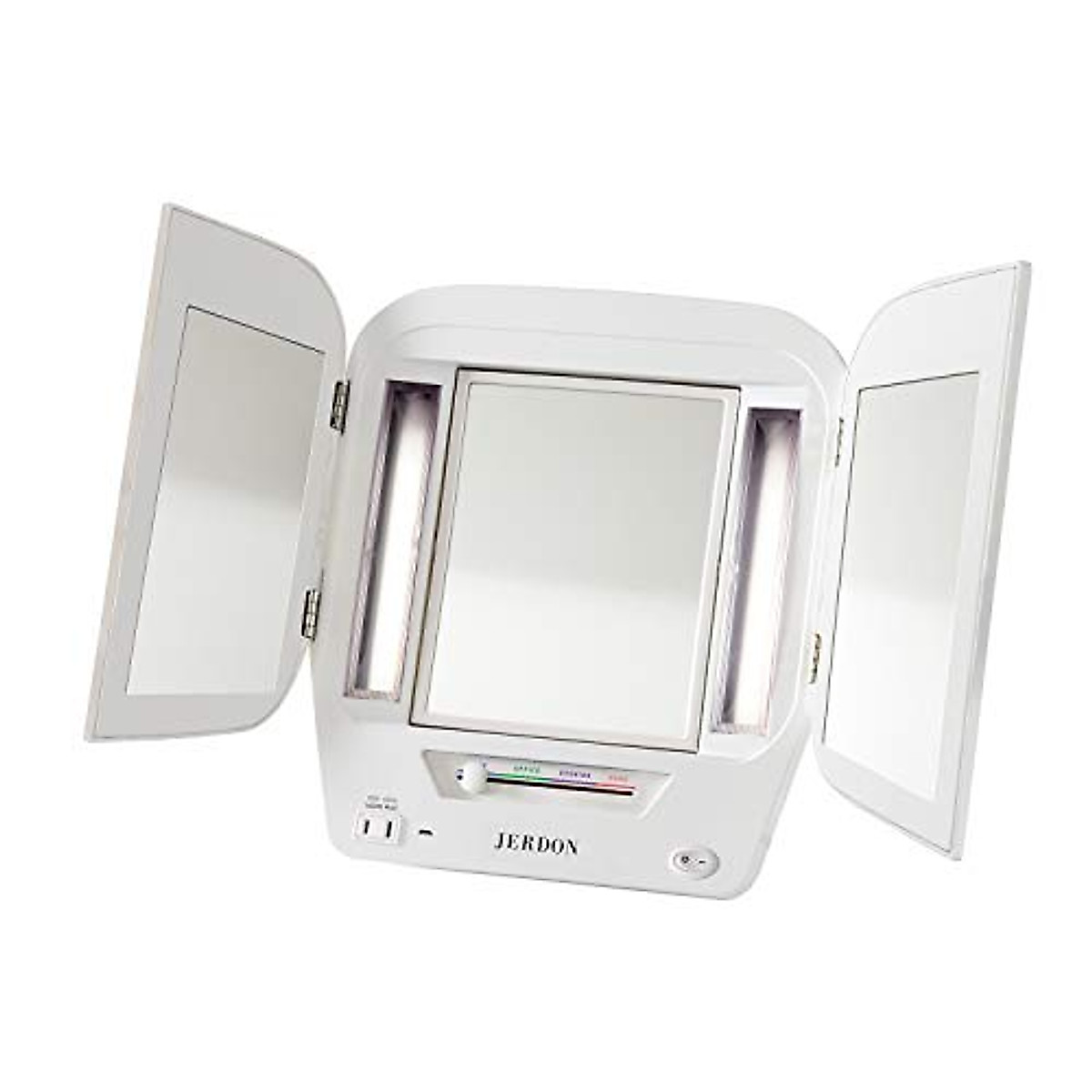 JERDON Tri-Fold Two-Sided Makeup Mirror with LED Lights - Vanity Mirror with 5X-1X Magnification & Multiple Light Settings - White - Model JGL12W