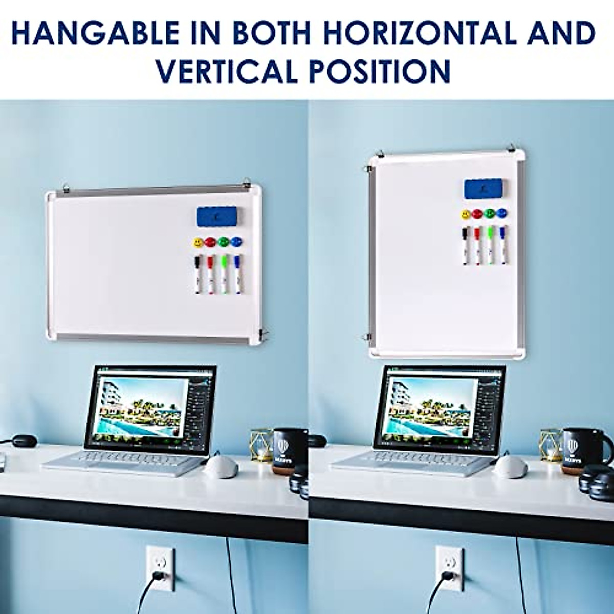 Whiteboard Set - 24 x 18" Dry Erase Board with 1 Magnetic Eraser, 4 Dry Wipe Markers, 4 Magnets and 6 Magnetic Labels - Wall Hanging Reminder Kanban Scrum White Board for Home and Office