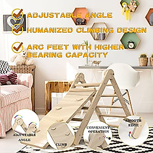 BENKRYFREJA Beech Pikler Triangle Set, Folding Baby Climbing Toys for Toddlers 1-3, Triangle with Ramp and Slide, Adjustable Angle Toddler Climbing Toys Indoor, Stable Wooden Montessori Jungle Gym