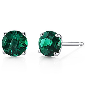Peora Solid 14K White Gold Created Emerald Solitaire Stud Earrings for Women, Hypoallergenic 1.50 Carats total Round Shape AAA Grade, May Birthstone, Friction Backs