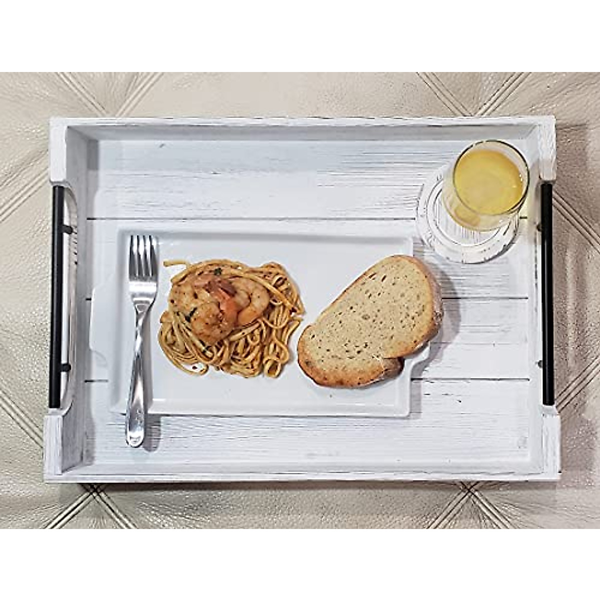 JB Joy and Bright Wooden Serving Ottoman Tray with 4 Coasters | 18x13 inch Rusted, Decorative Wood Trays for Coffee Table, Couch, Bed Ideal Appetizer, Food, Breakfast, Dessert, Tea, White (TW-1813)